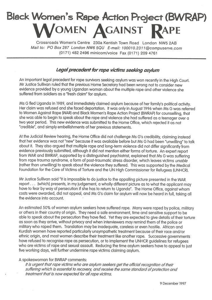 Statement: Legal precedent for rape victimes seeking asylum - Women Against Rape