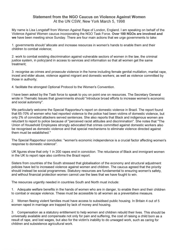 Statement: on Violence Against Women at the UN CSW. - Women Against Rape